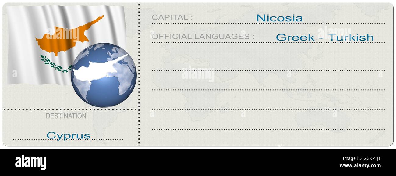 3D illustration. Cyprus. Destination. Ticket. Boarding pass. Isolated ...