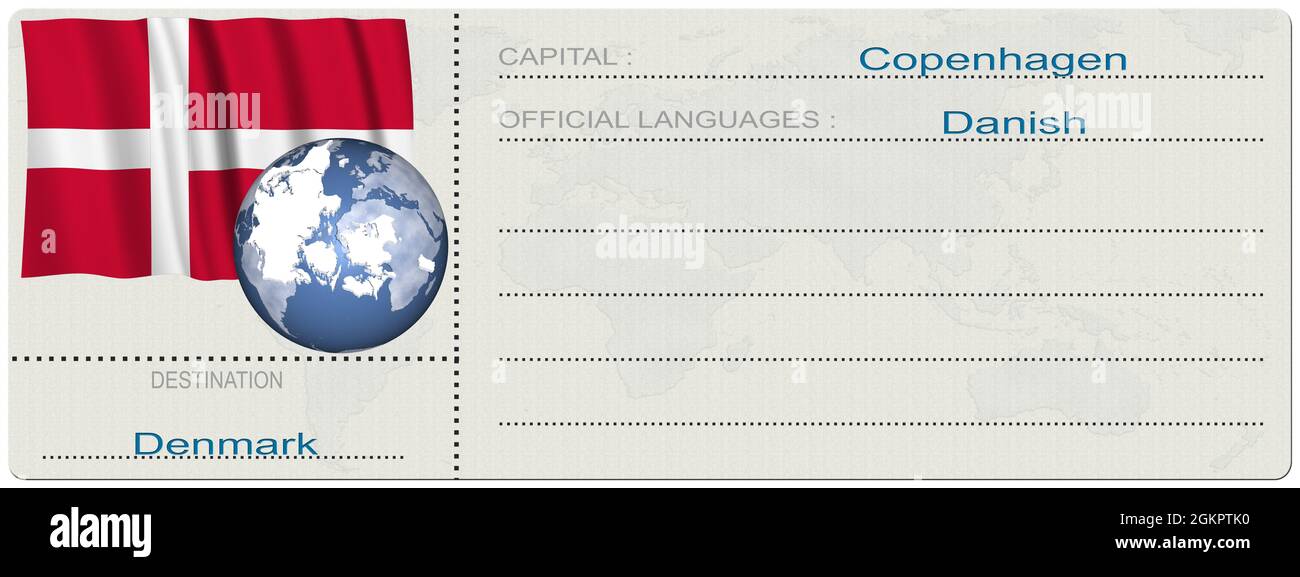 3D illustration. Denmark. Destination. Ticket. Boarding pass. Isolated ...