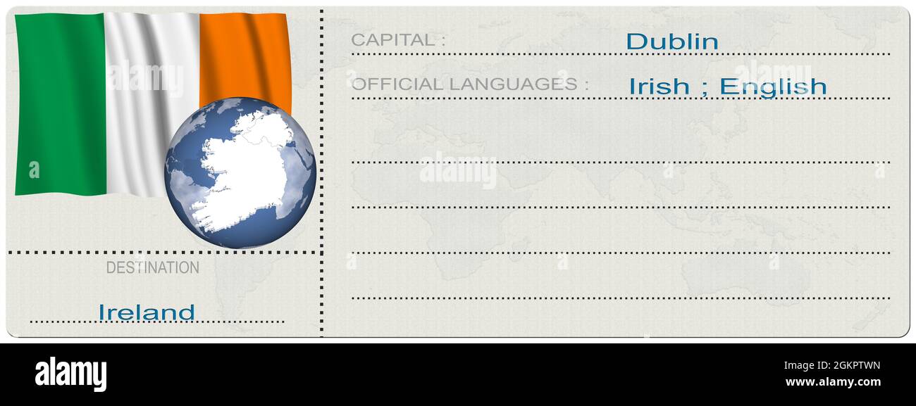 3D illustration. Republic of Ireland. Destination. Ticket. Boarding ...