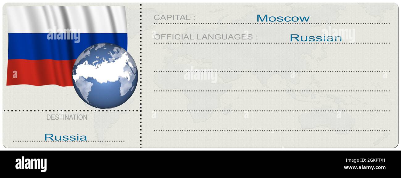 3D illustration. Russia. Destination. Ticket. Boarding pass. Isolated ...