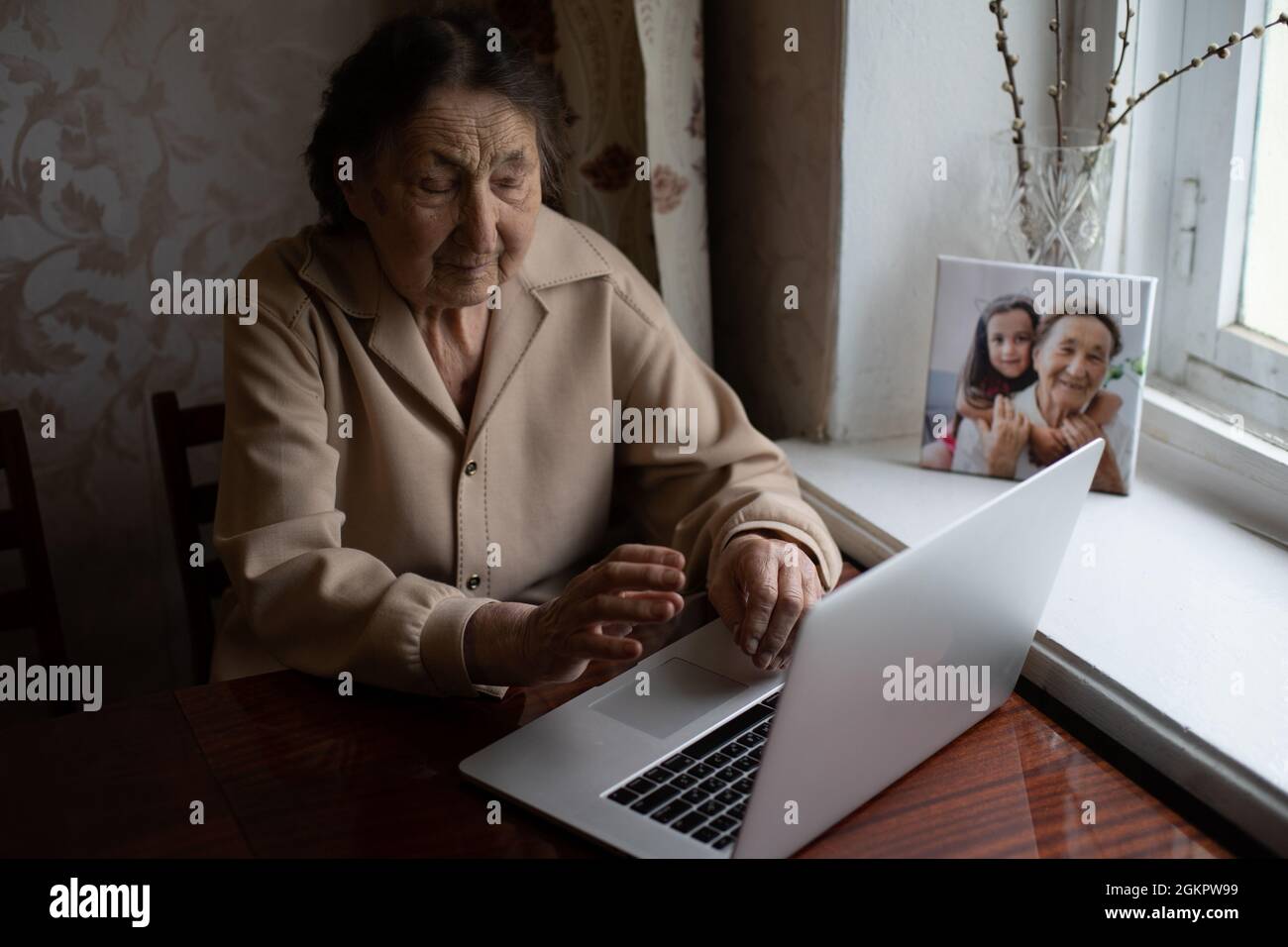 very old woman using laptop sitting at home Stock Photo - Alamy