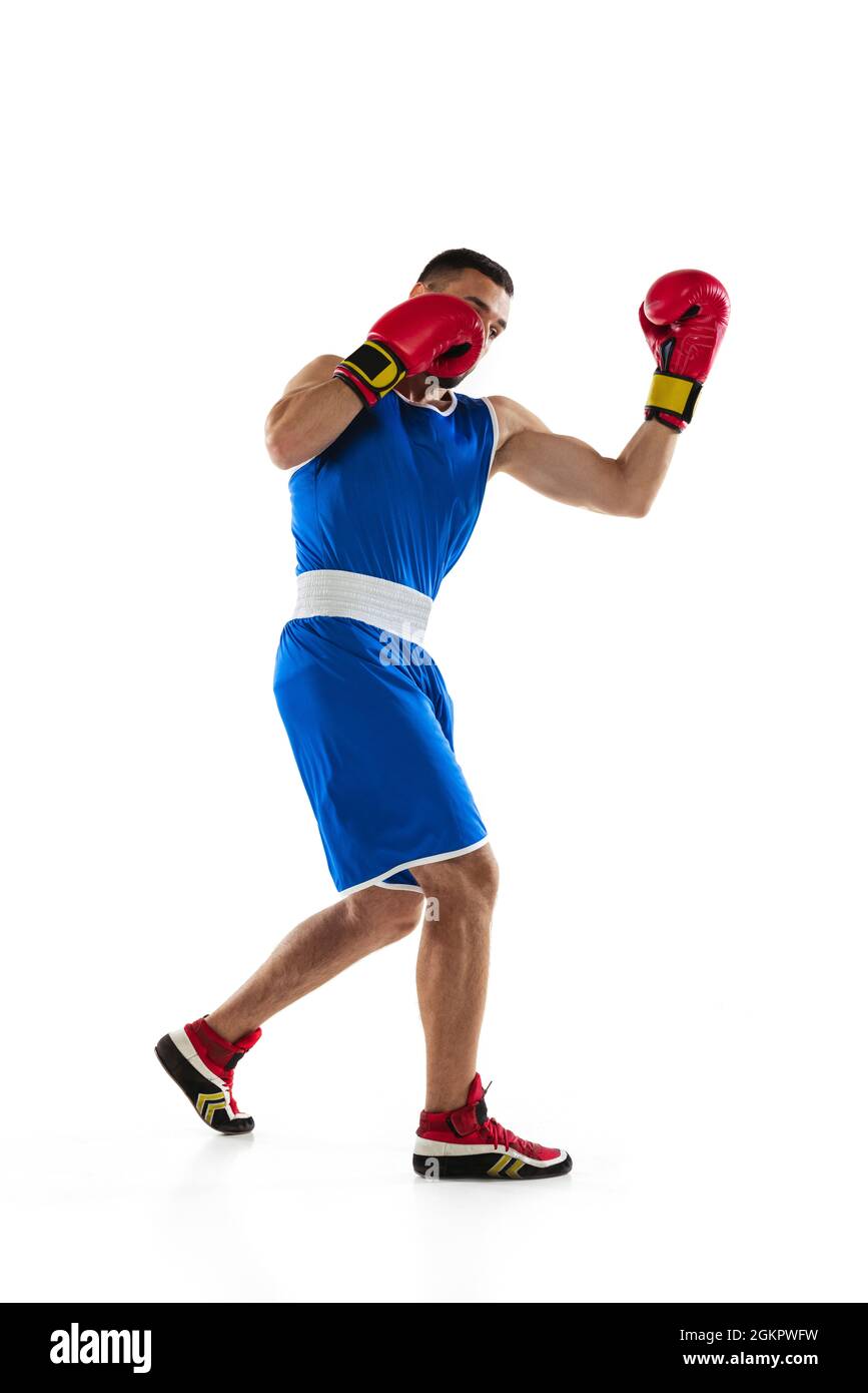 Full-length portrait of one professional boxer in blue uniform training ...