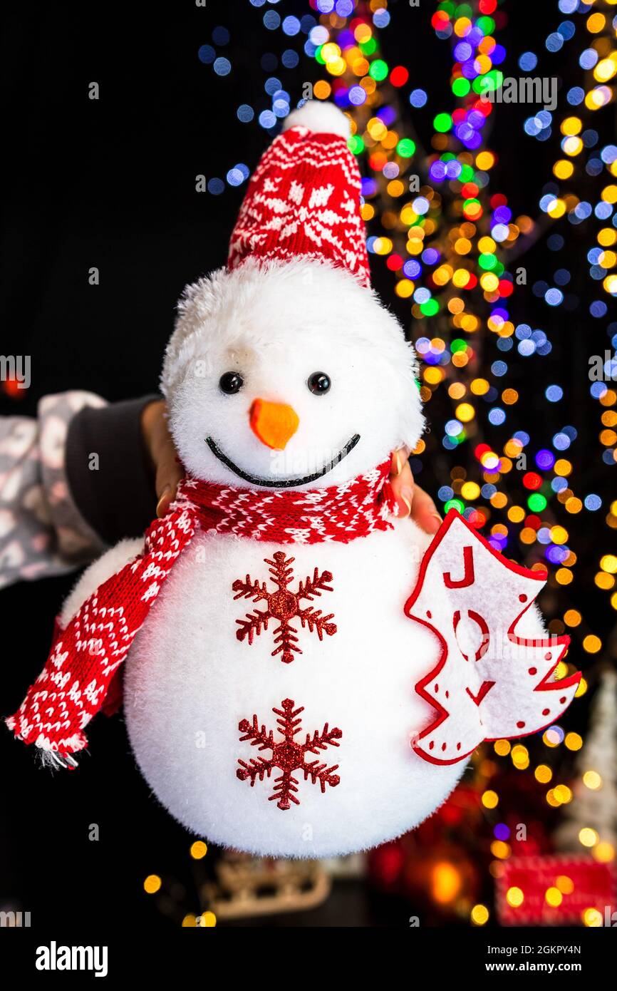 Vertical shot of a person holding a snowman Christmas tree ornament ...