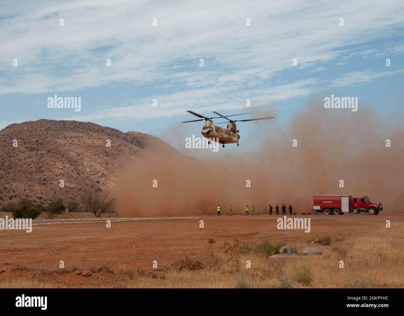 A Moroccan Armed Forces CH-47 Chinook lands during African Lion 2021 ...