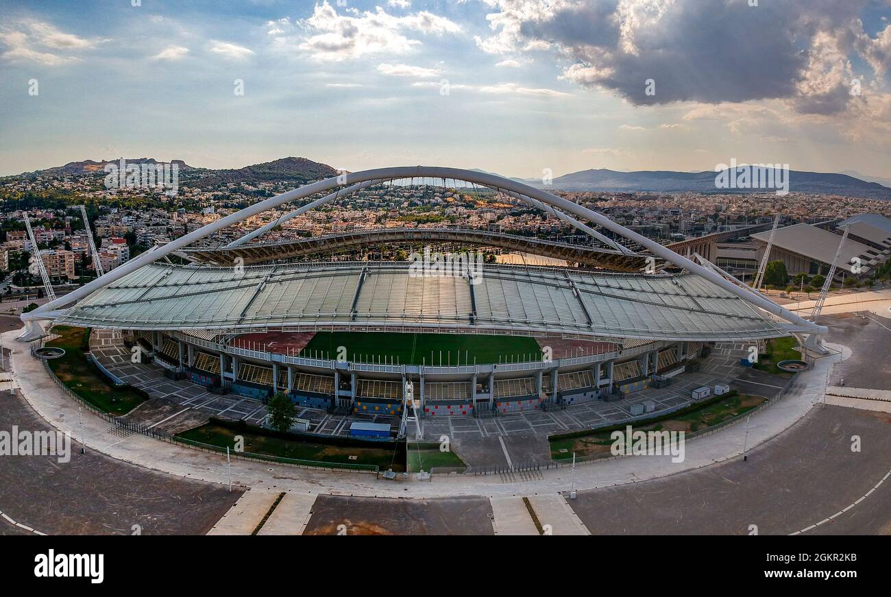 Iconic aerial view over the Olympic stadium OAKA in Athens, Greece ...
