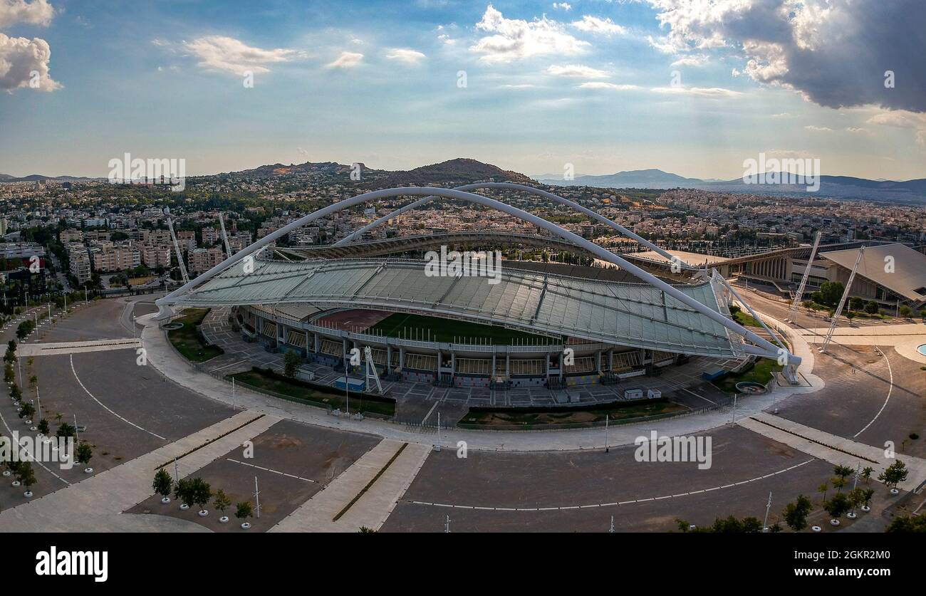 Iconic aerial view over the Olympic stadium OAKA in Athens, Greece ...