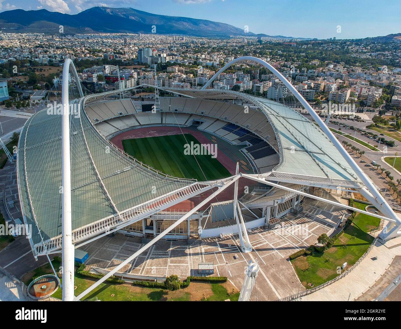 Iconic aerial view over the Olympic stadium OAKA in Athens, Greece ...