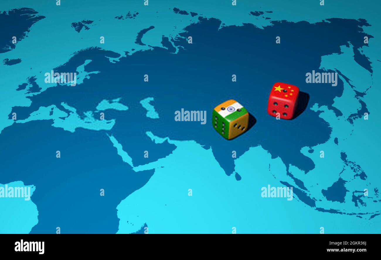 The image shows two die cast upon a map of Asia, one representing India ...