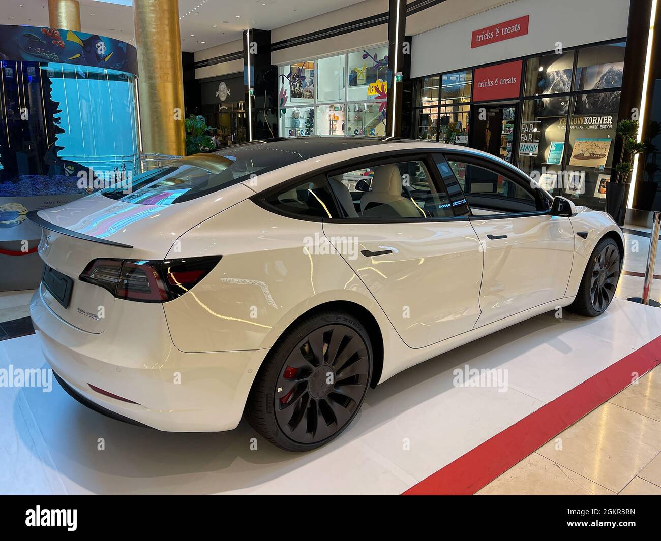 Metallic white Tesla Model 3 at Athens Golden Hall. Produced by ...
