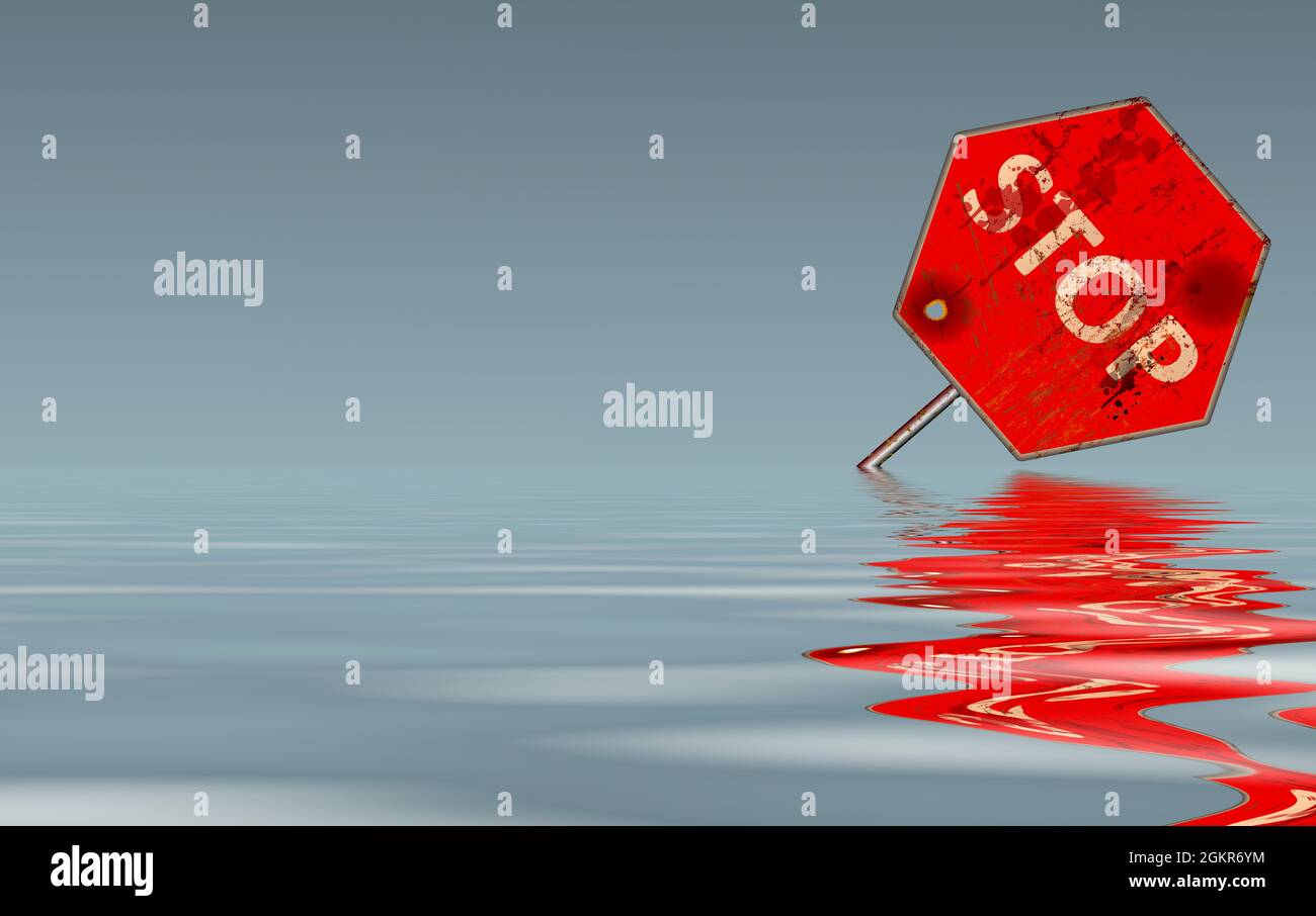 climate change symbol, red stop sign with water surface, inundation ...