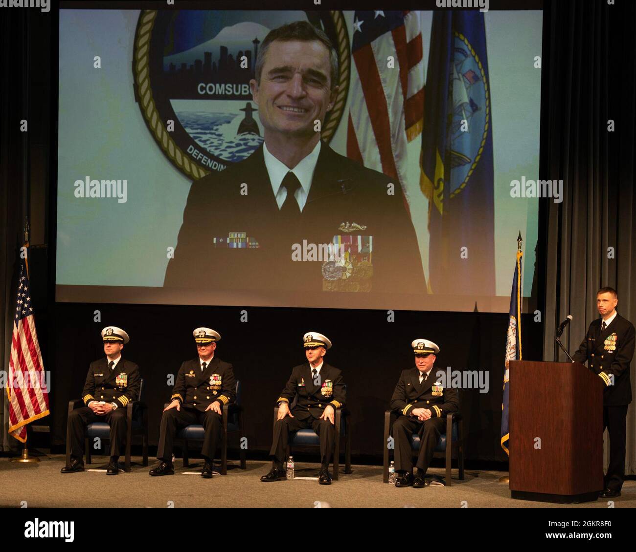 KEYPORT, Wash. - Virtual guest speaker Rear Adm. Douglas Perry delivers ...