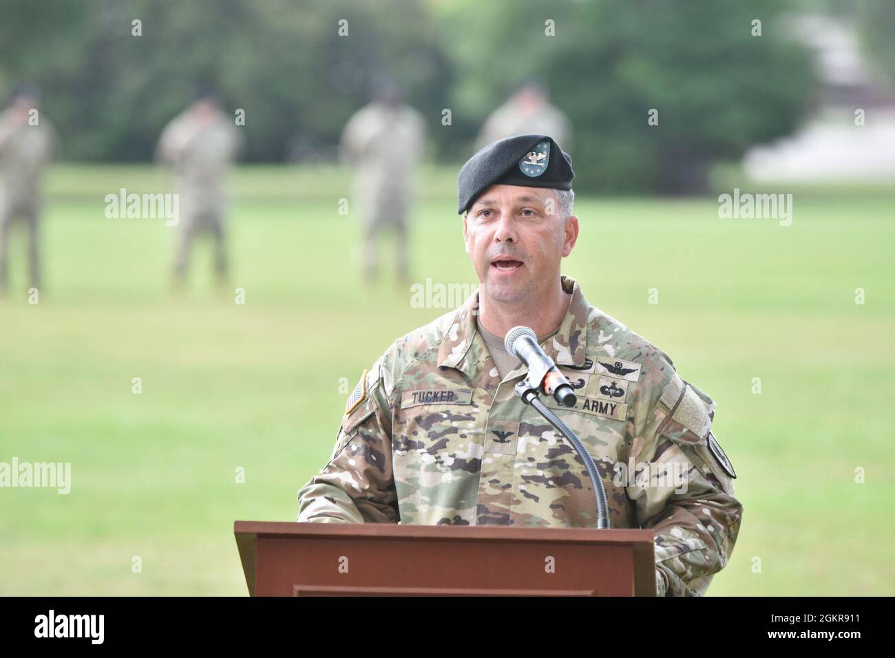 U.S. Army Col. Richard P. Tucker speaks during the 1st Aviation Brigade ...