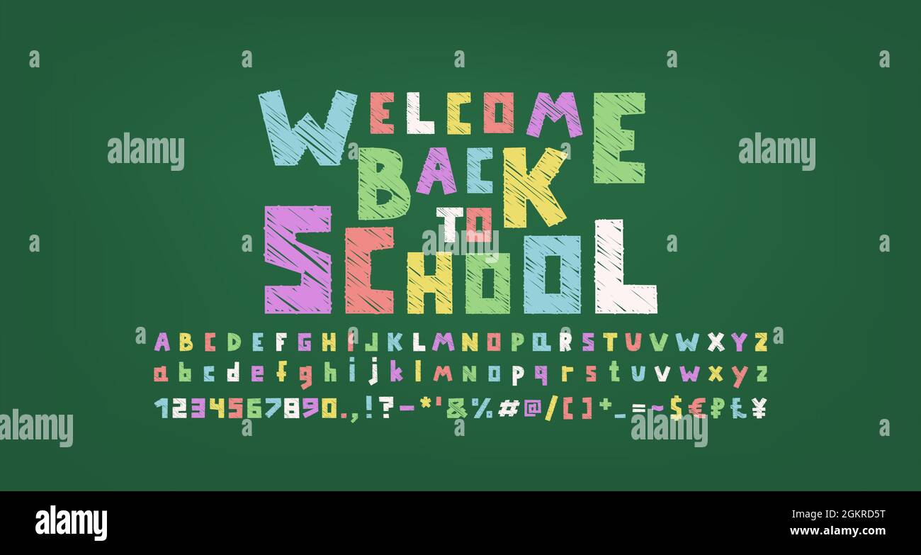 Colorful school chalk font, square shape letters and numbers ...