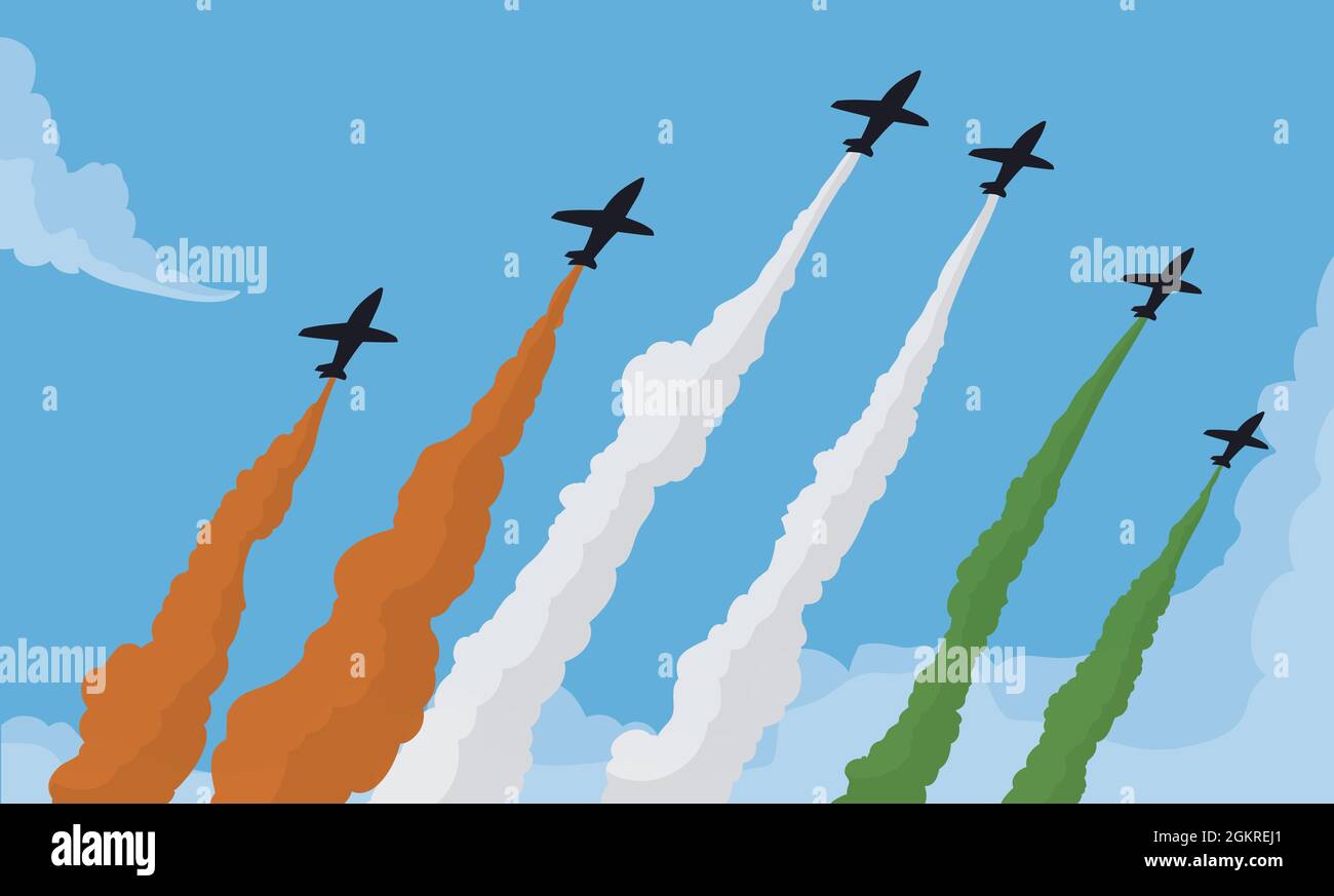 Sky view with planes and air show smoke display with Indian flag colors ...