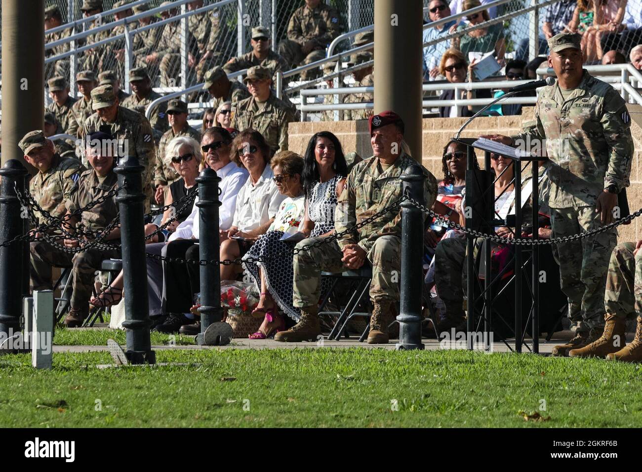 U.S. Army Maj. Gen. Antonio A. Aguto, right, gives his final remarks as ...