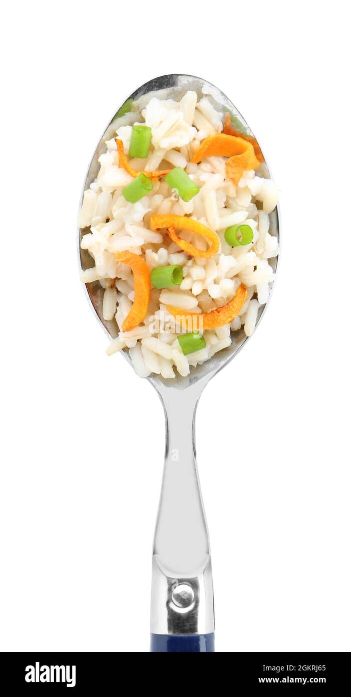 Spoon with rice on white background Stock Photo - Alamy