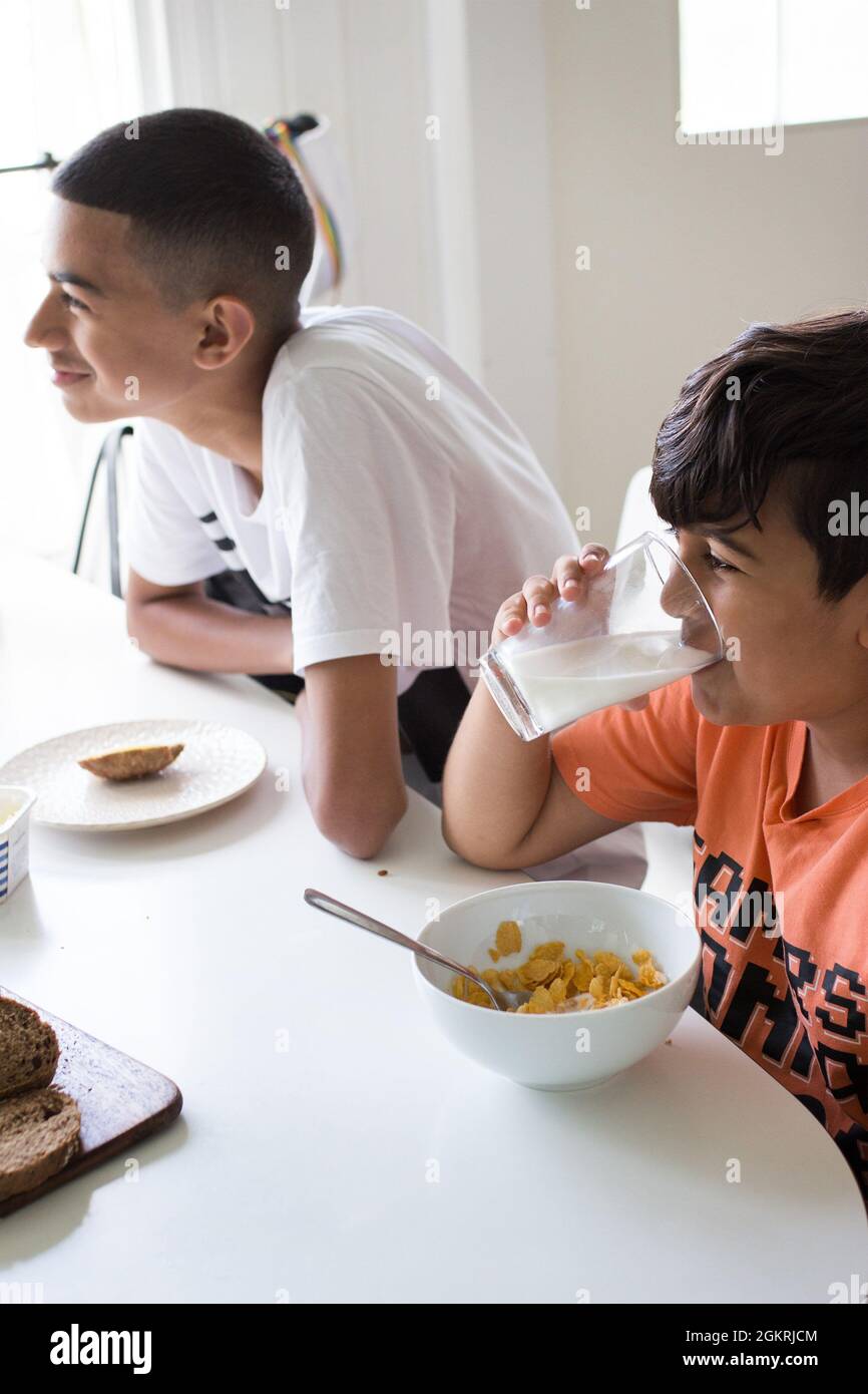 Two boys, brothers, eating breakfast and drinking milk at the kitchen ...