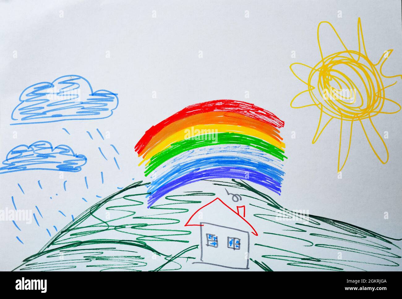 Child's drawing of house and rainbow Stock Photo - Alamy