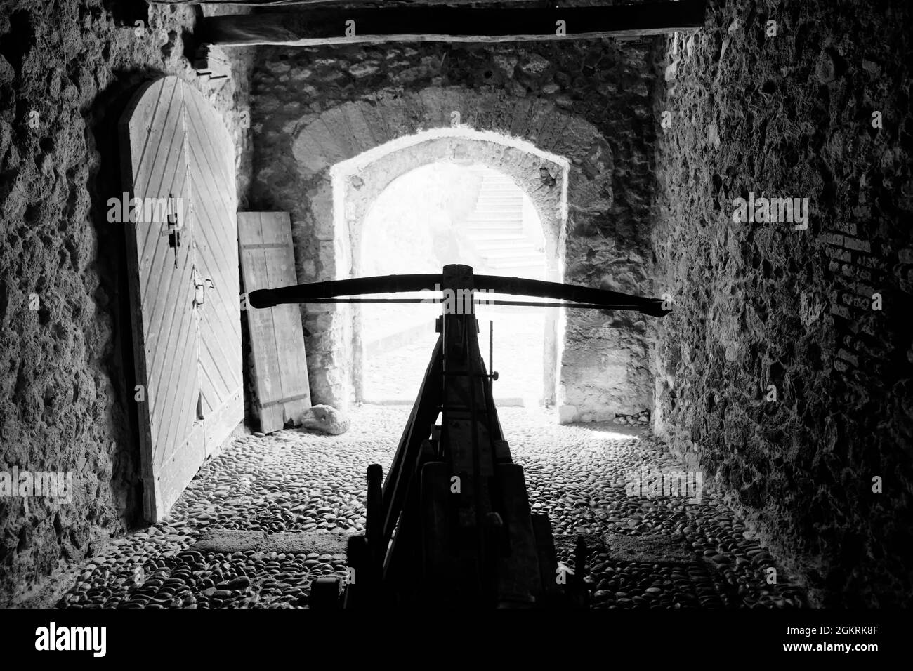 crossbow defending entrance to the medieval castle - defense concept ...