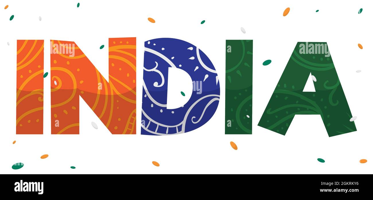 Tricolor India text sign decorated with paisley outlines and confetti ...