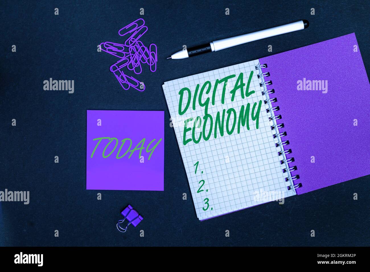 Hand writing sign Digital Economy. Word for economic activities that ...