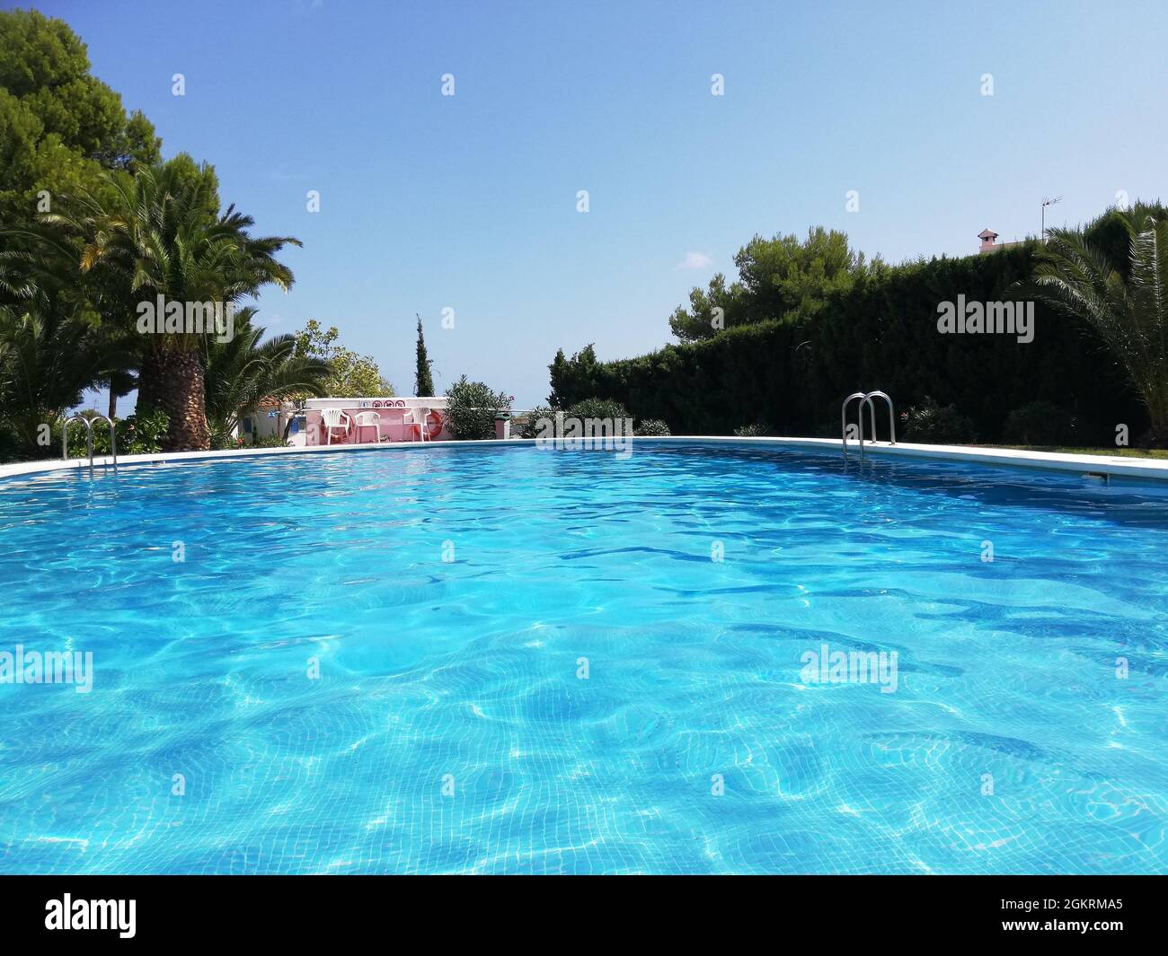 Beautiful crystal azure water of a swimming pool surrounded by trees on ...