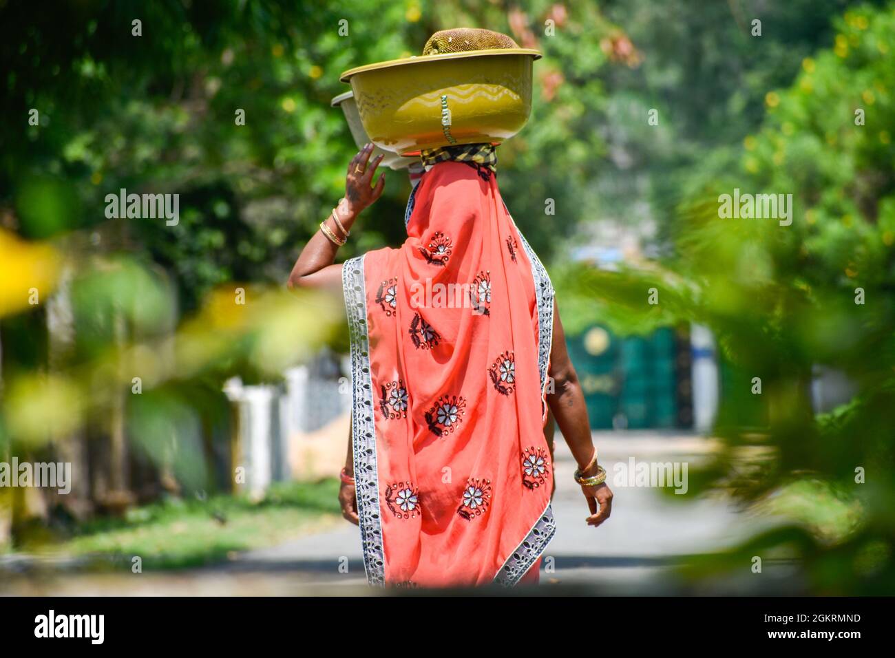 Women carrying an Indian traditional pot full of seeds on her head ...