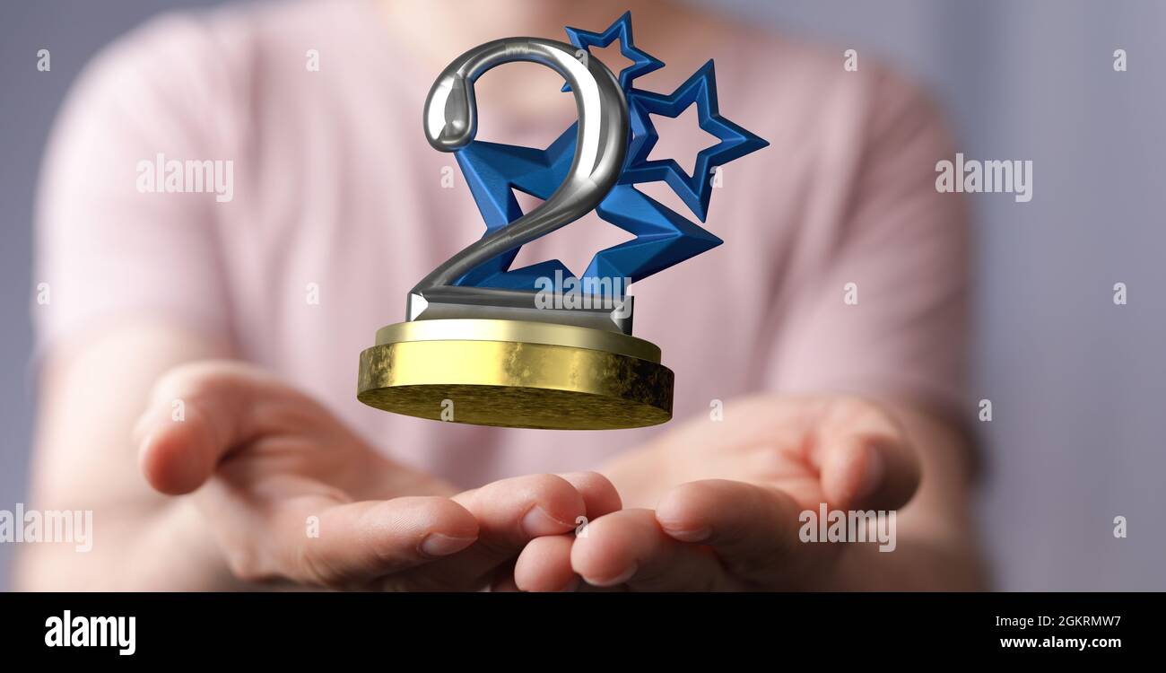 3d rendering of a silver second-place award with blue stars on a golden ...