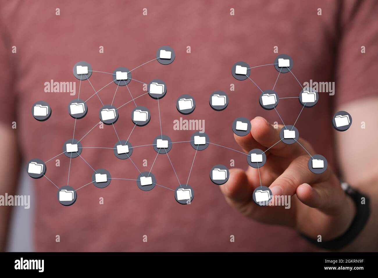 3d rendering of a hand reaching towards computer folder symbols connected to each other Stock ...