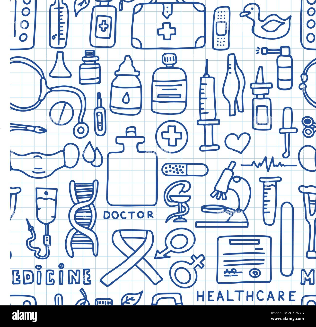 Medical seamless pattern. Medical doodle poster with medicines, test ...