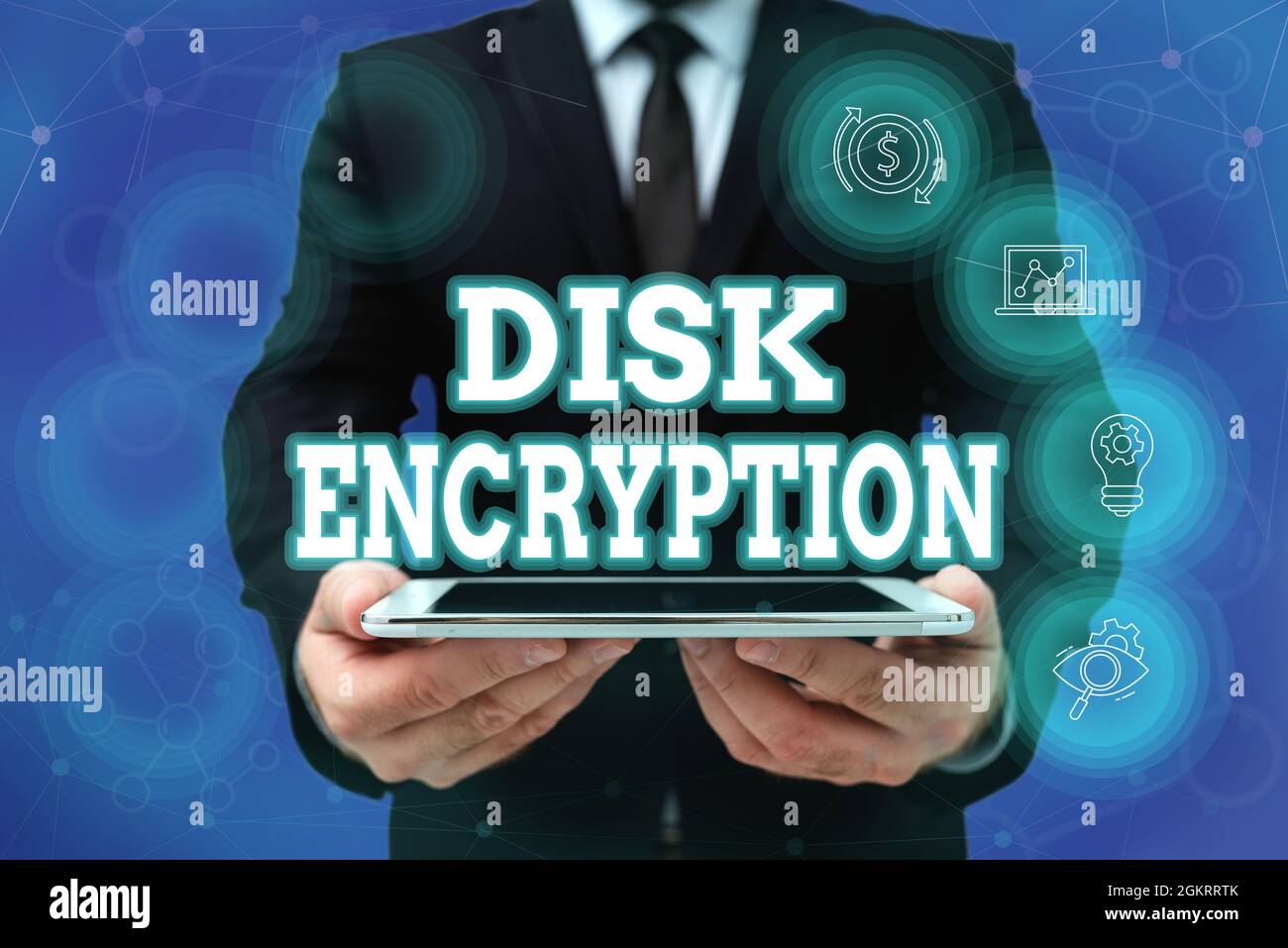 Handwriting text Disk Encryption. Business showcase the security mechanism used to protect data ...