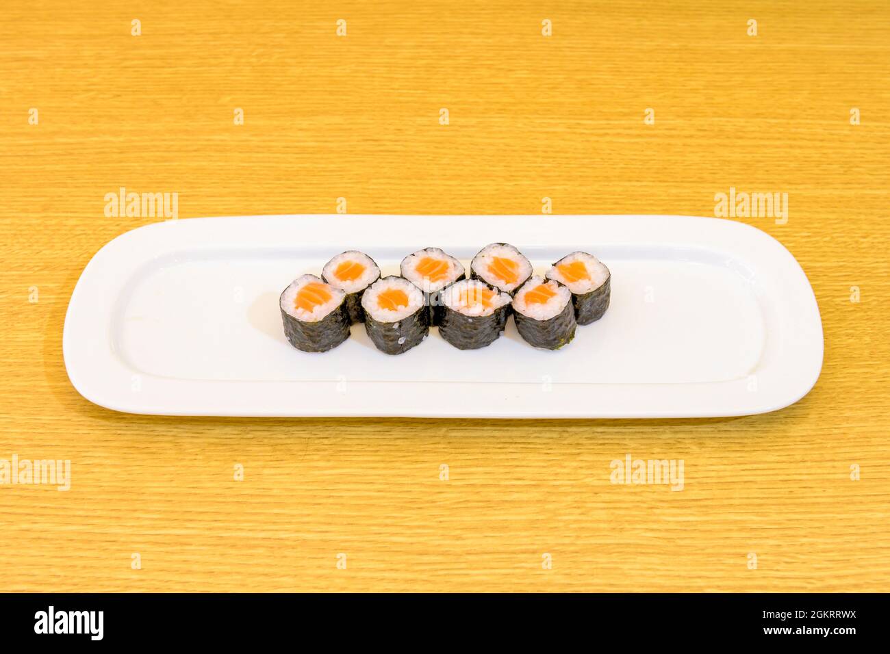 Norwegian salmon maki sushi tray with Japanese white rice wrapped in ...