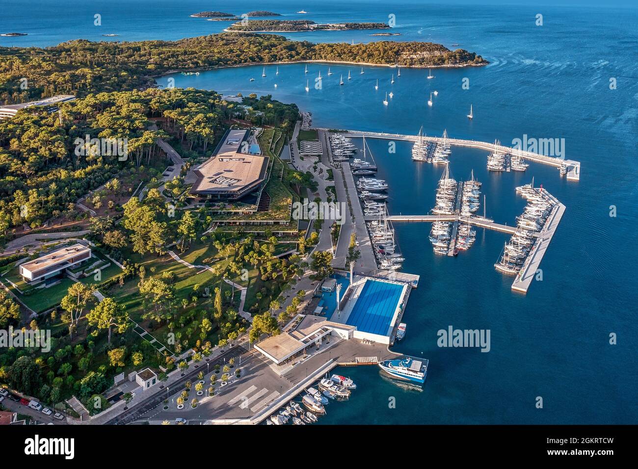 Aerial view to Grand Park Hotel Rovinj and Lone bay, summertime ...