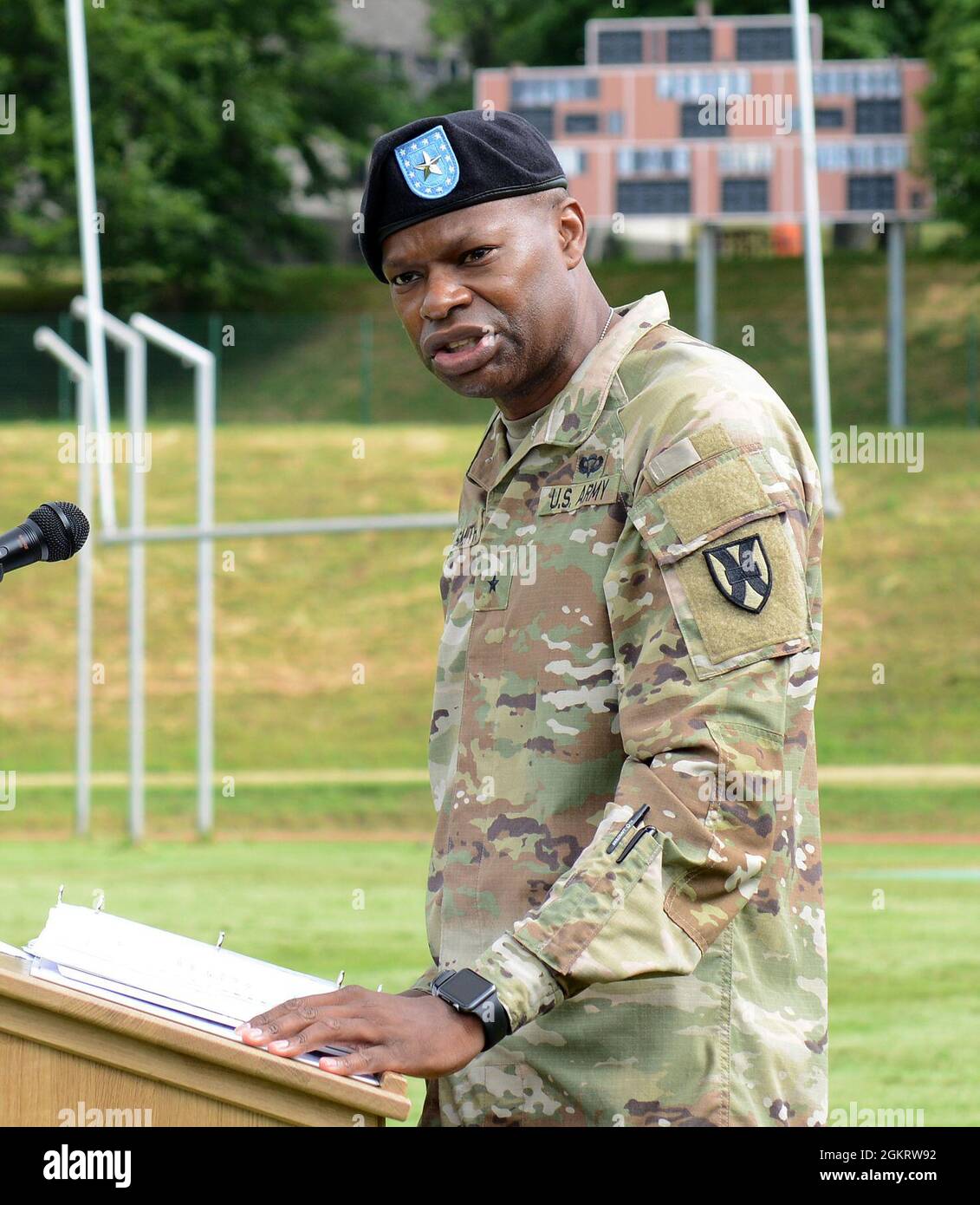 U.S. Army Brig. Gen. James M. Smith, commander of the 21st Theater Sustainment Command delivers ...