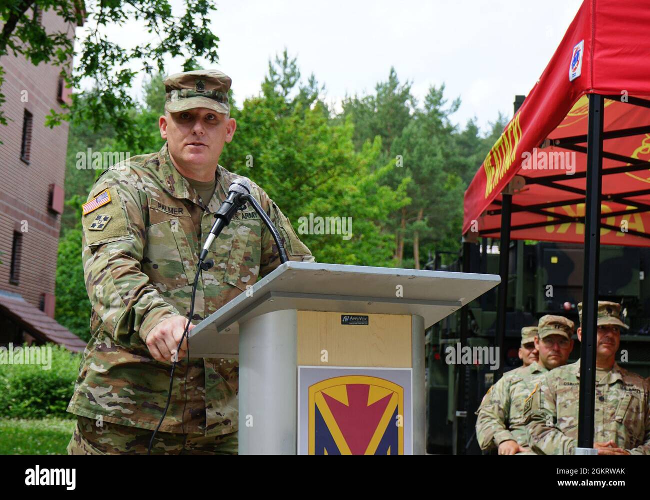 Command Sgt. Maj. George A. Palmer speaks during the 5th Battalion 4th ...