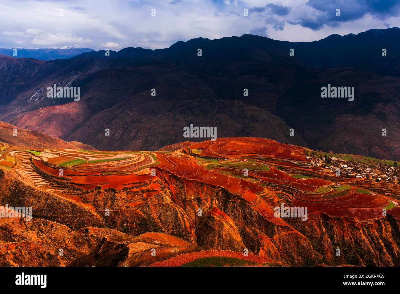 Scenery of mountains terraces view or Dongchuan Red Land, an ancient ...
