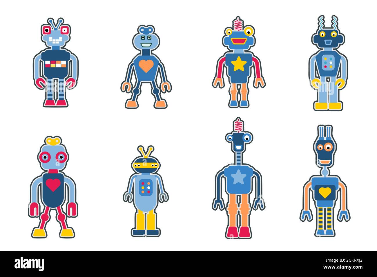 Robot vector sticker collection. Cute retro toy robots illustration set ...