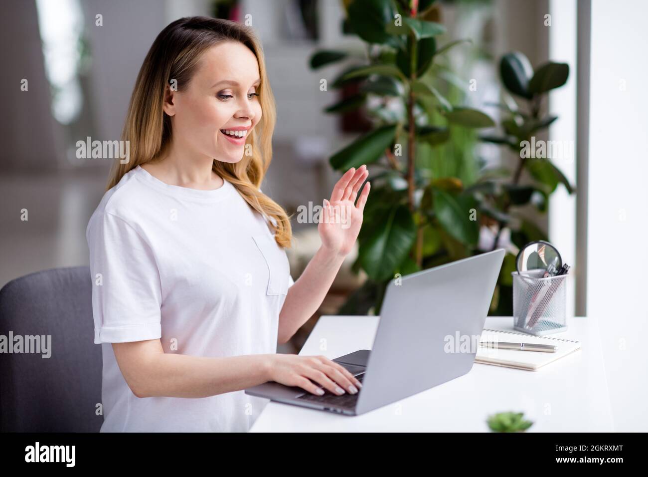 Profile side photo of young attractive woman happy positive smile waving hand hello speak video ...