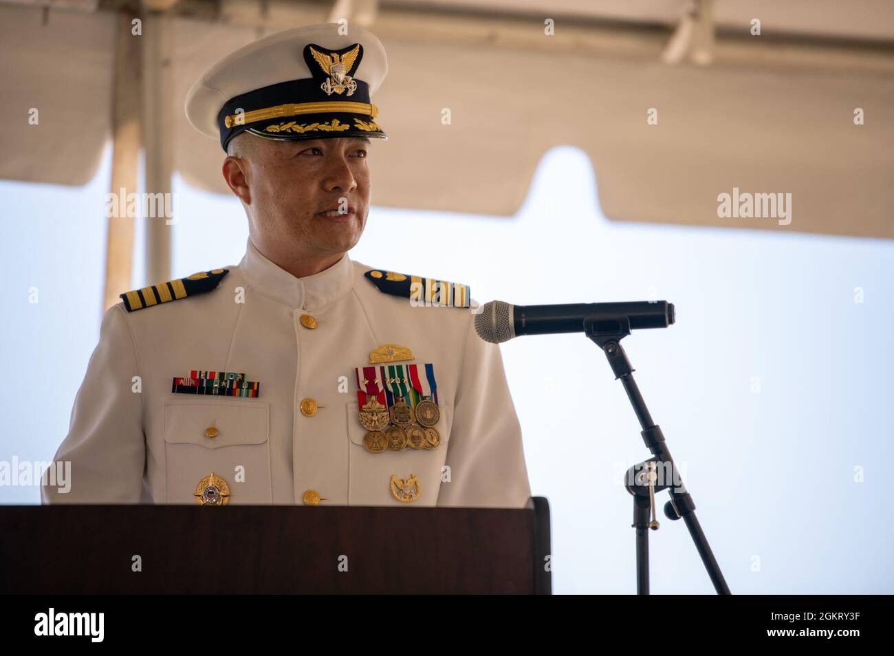 Capt. Taylor Q. Lam, Coast Guard Sector San Francisco commander, speaks ...