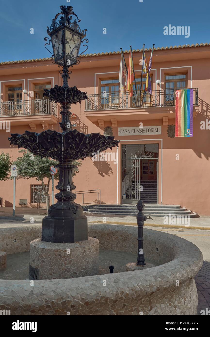 Main facade of the town hall of the city of Requena in the province of ...
