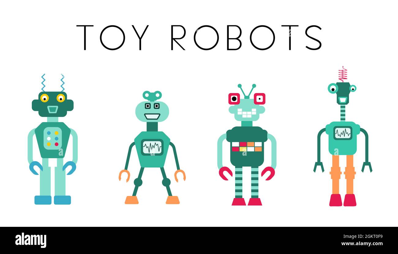 Robot vector. Toy robots collection. Retro style cute robot character ...