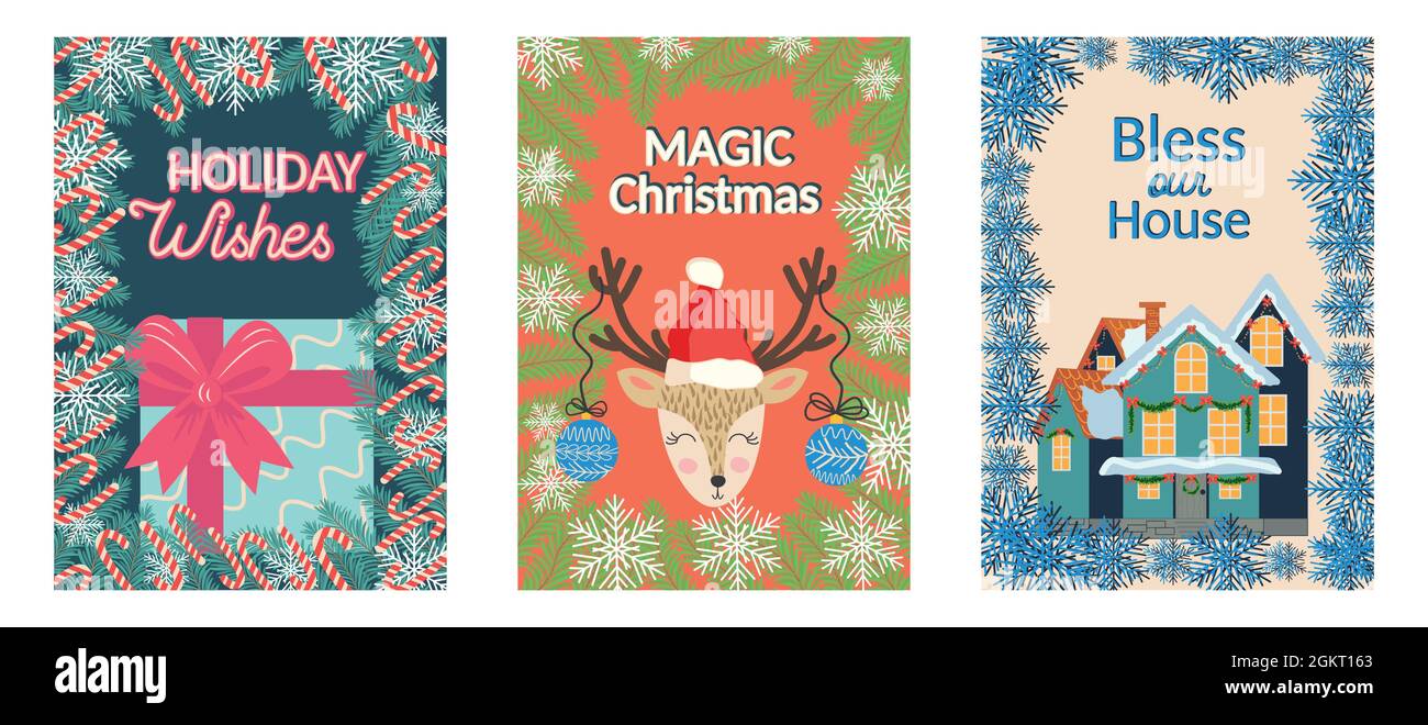 Set of three cards for christmas with different inscriptions, wishes ...