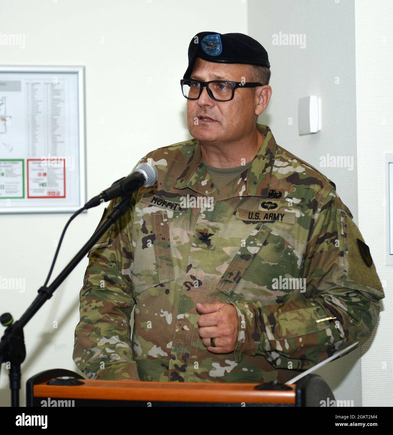U.S. Army Col. Jarrett S. Moffitt, 409th Contracting Support Brigade commander delivers his ...