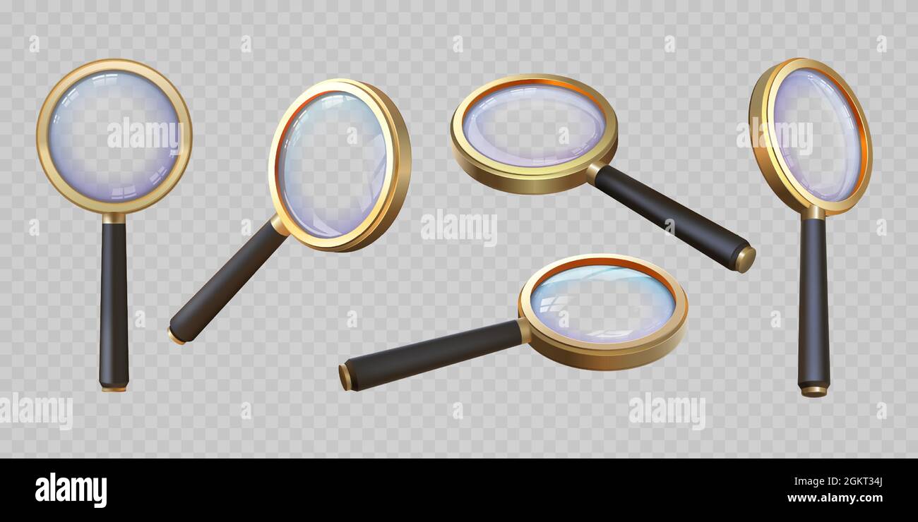 Realistic 3d magnifying glass top and angle view. Magnifier with ...