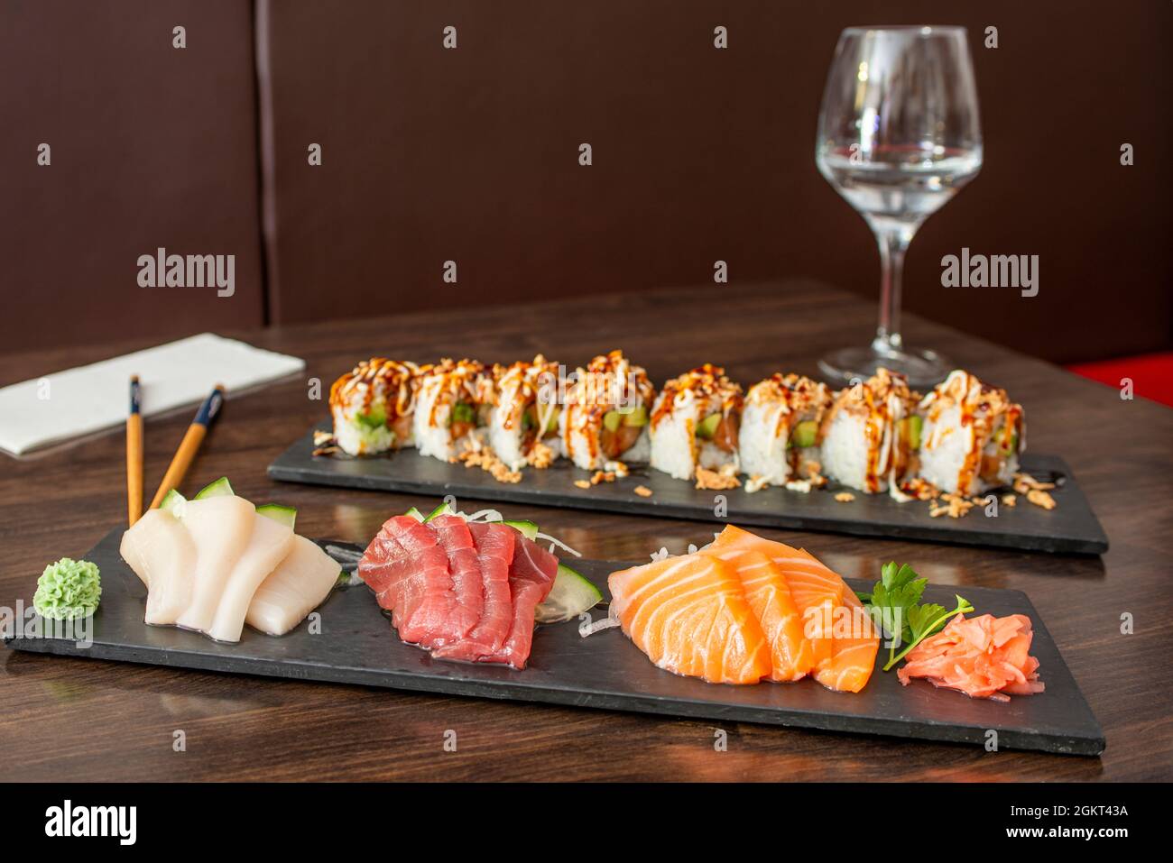 Tray of great assorted raw sashimi fillets with Norwegian salmon ...