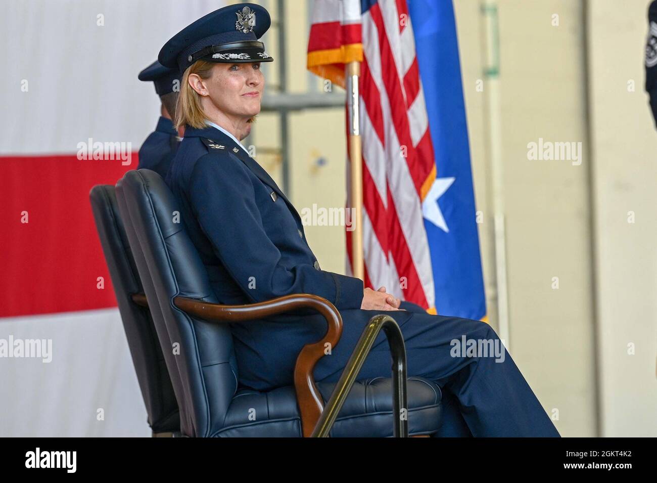 Col. Angela Ochoa sits on stage during the 19th Airlift Wing change of ...