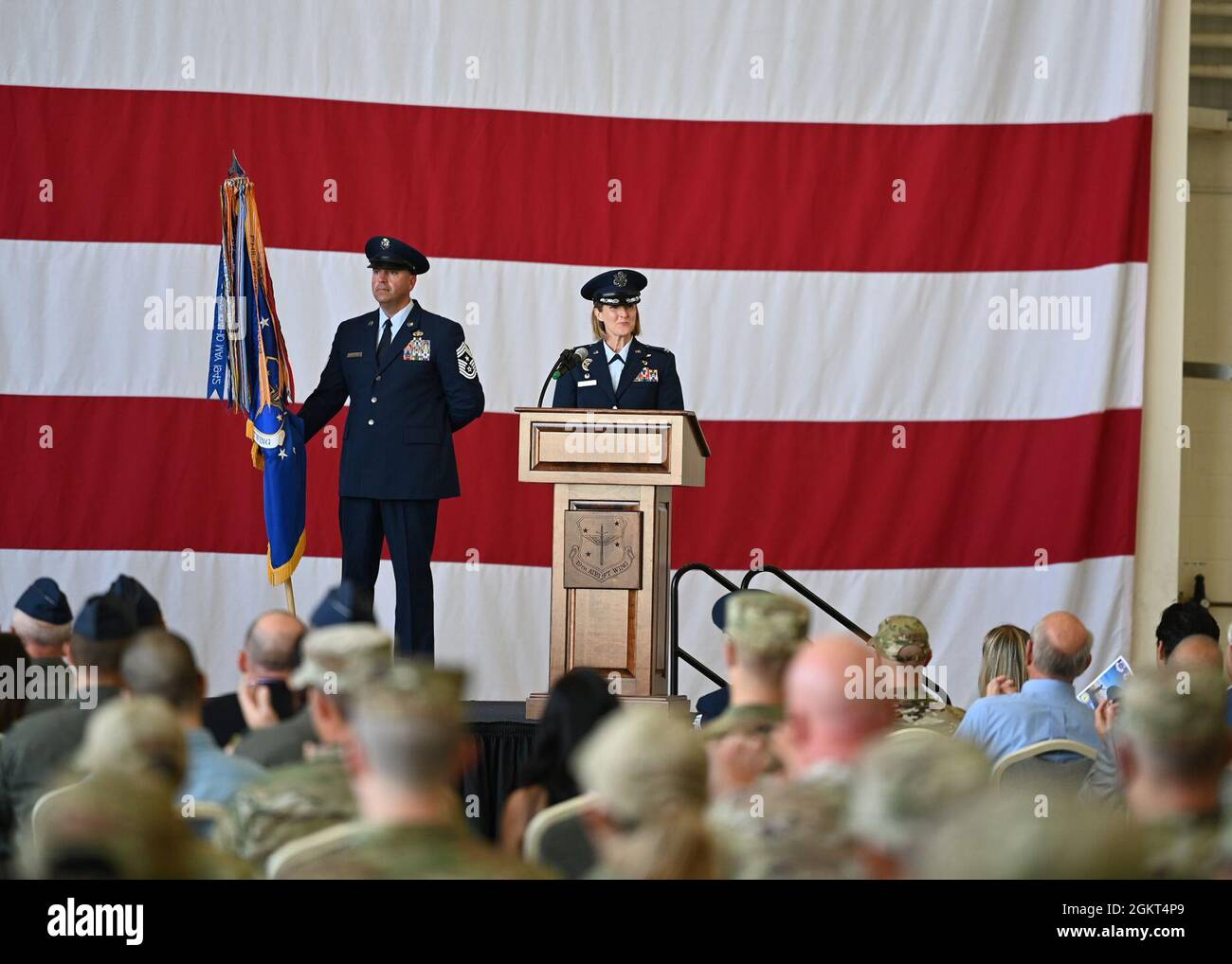 Col. Angela Ochoa, incoming 19th Airlift Wing commander, provides ...