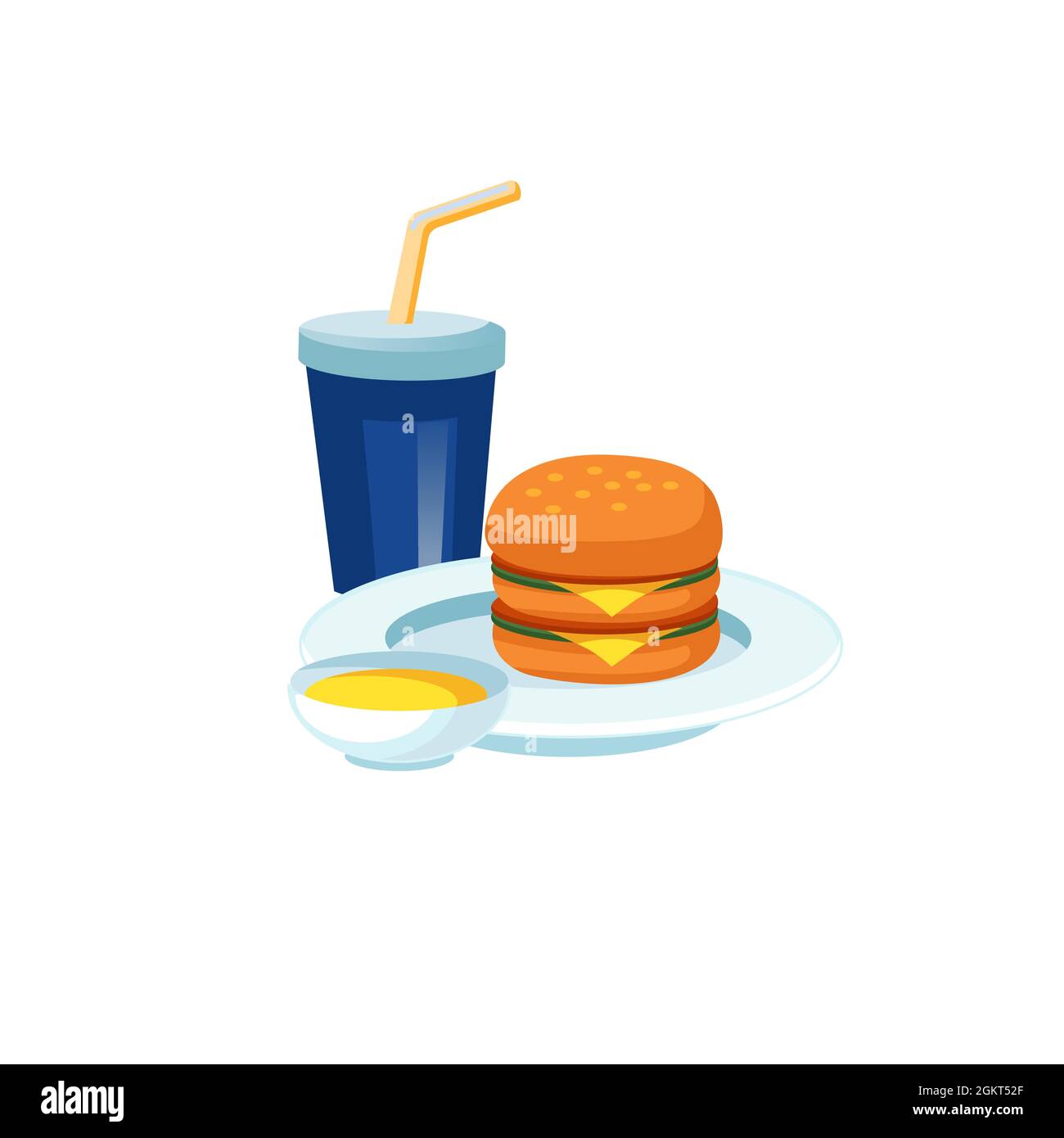 Flat cartoon plastic cup,sauce,burger on plate,fast food diet and ...