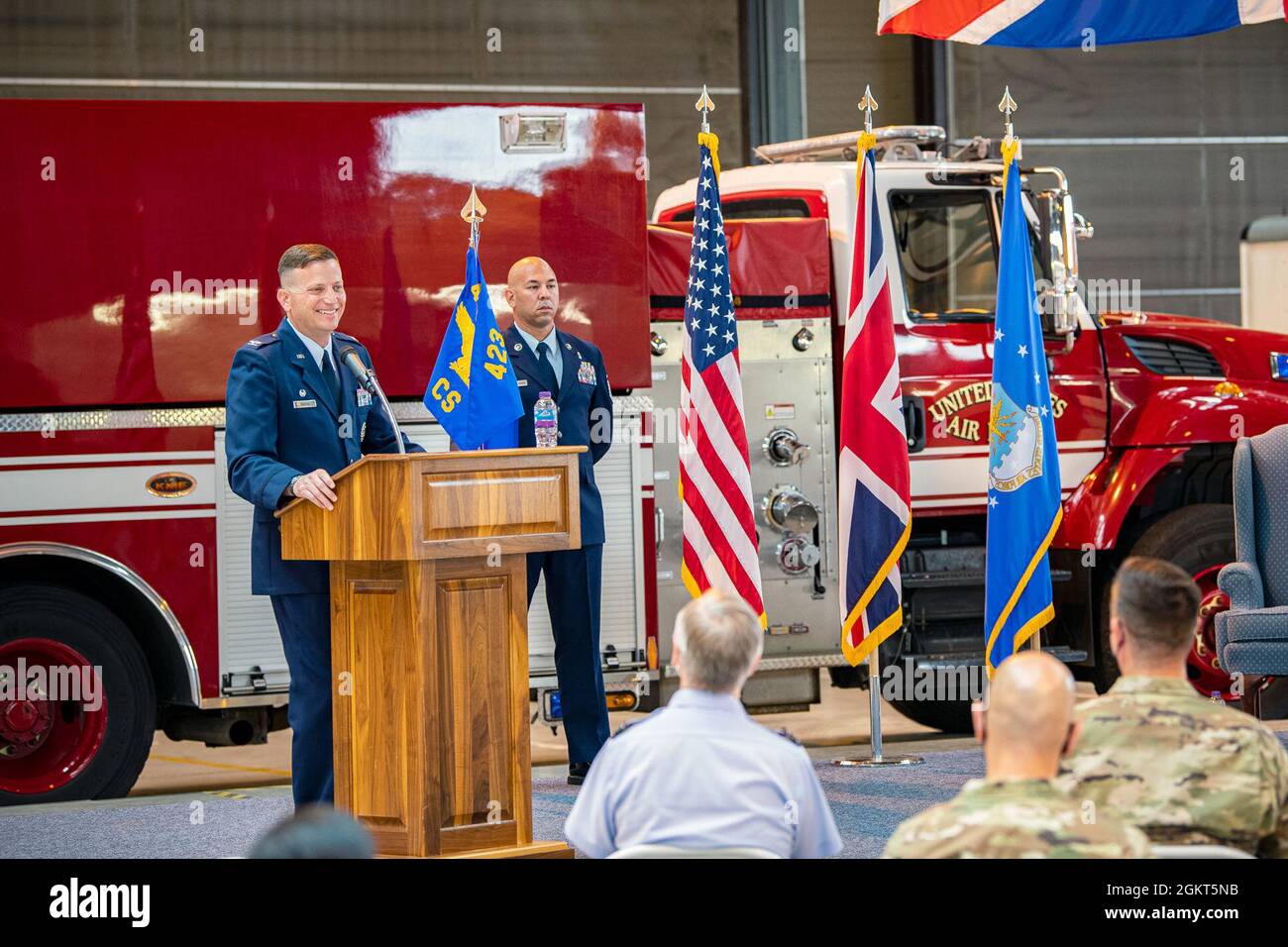 U.S. Air Force Col. Richard Martin, left, 423rd Air Base Group commander, speaks during a change ...