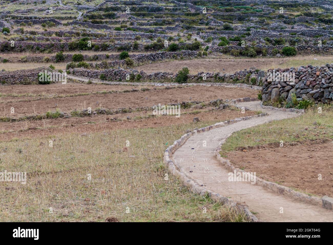 Small walled fields and pastures on Amantani island, Titicaca lake ...